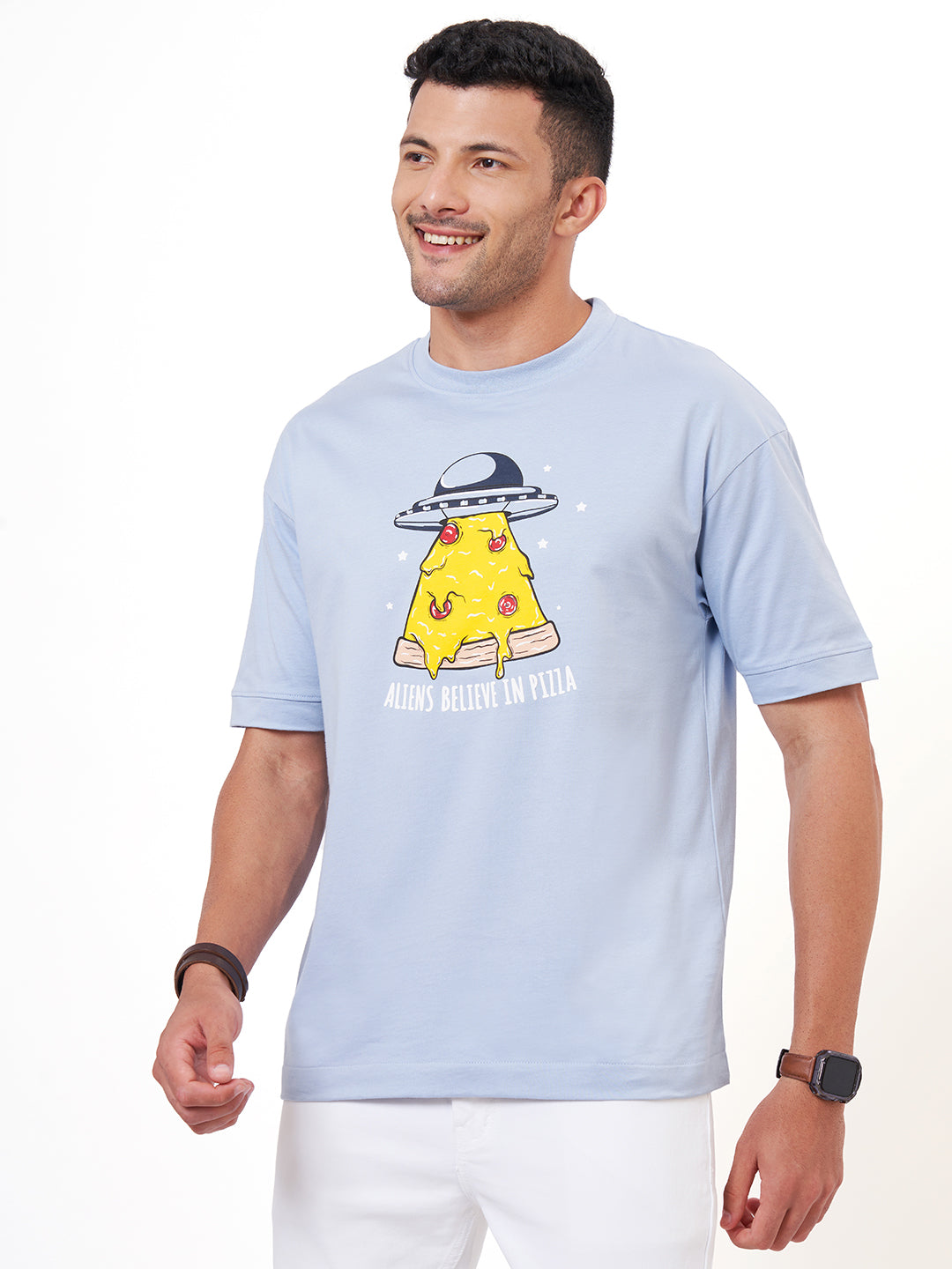 Get Pale Blue Printed Oversized Tshirt| Zu Clothing